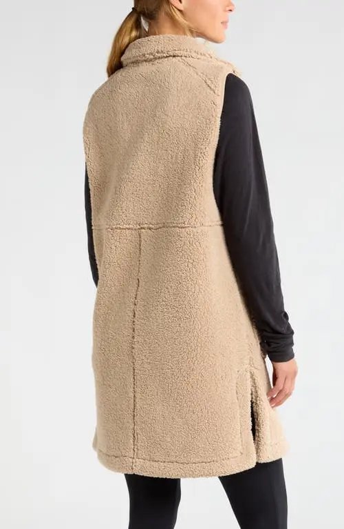 Zella Faux Shearling Longline Vest In Tan Oxford - 60% Off